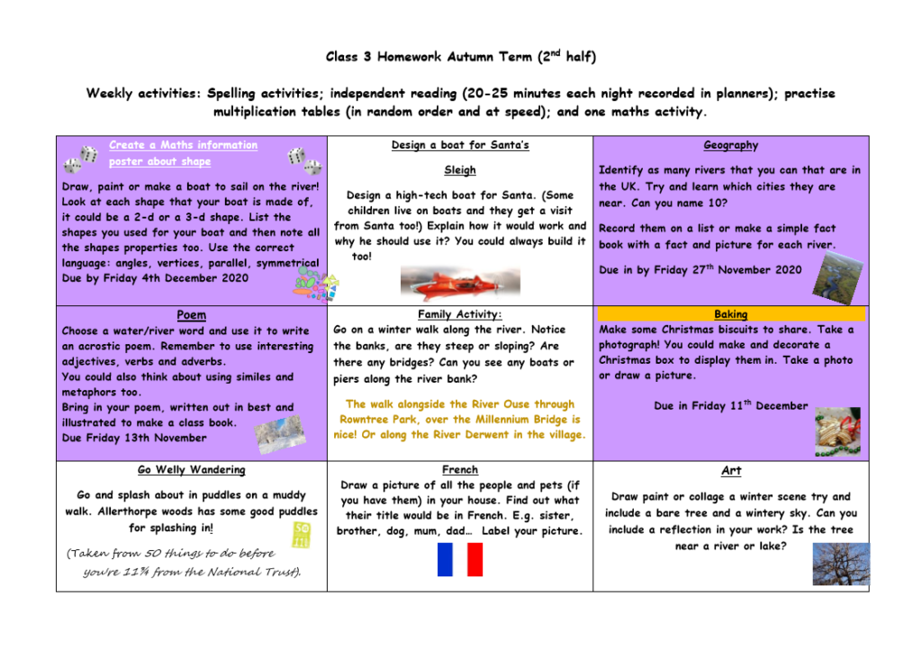 Autumn 2 2020 Homework Grids | Elvington Church of England Primary School