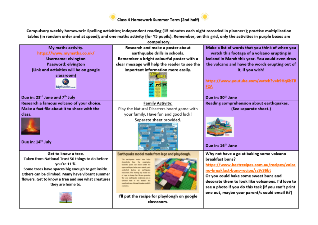 Summer 2 2021 Homework Grids | Elvington Church of England Primary School