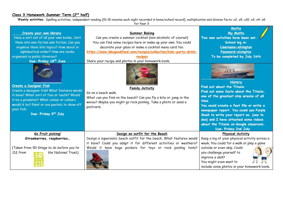 Summer 2 2021 Homework Grids | Elvington Church of England Primary School