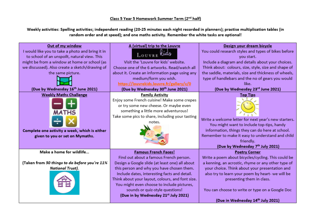 Summer 2 2021 Homework Grids | Elvington Church of England Primary School