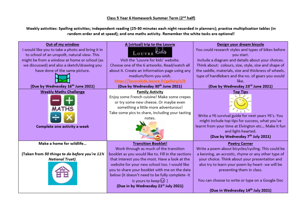 Summer 2 2021 Homework Grids | Elvington Church of England Primary School