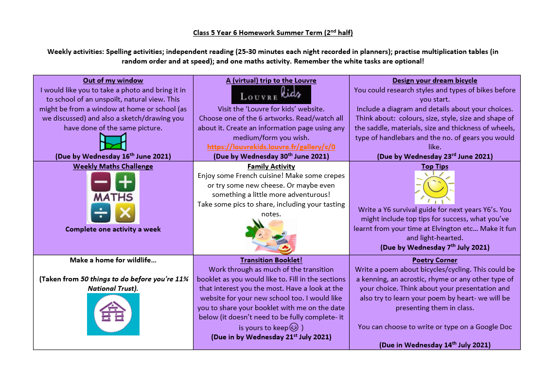 Summer 2 2021 Homework Grids | Elvington Church of England Primary School