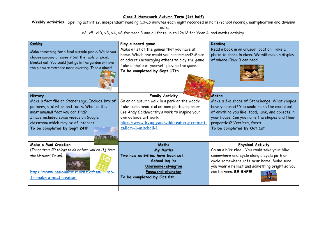 Autumn 1 2021 Homework Grids | Elvington Church of England Primary School