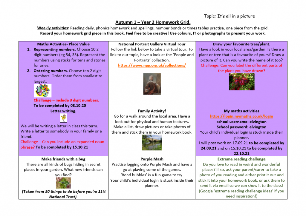 Autumn 1 2021 Homework Grids | Elvington Church of England Primary School