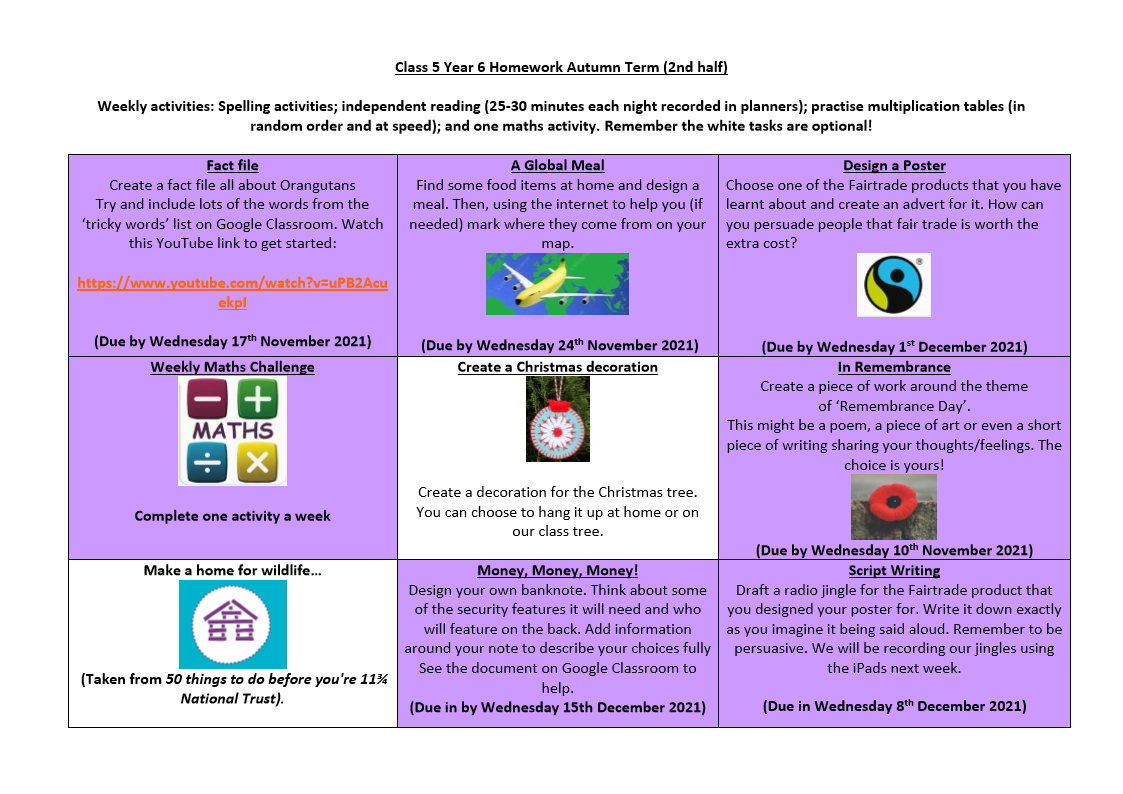 Homework Grids | Elvington Church of England Primary School