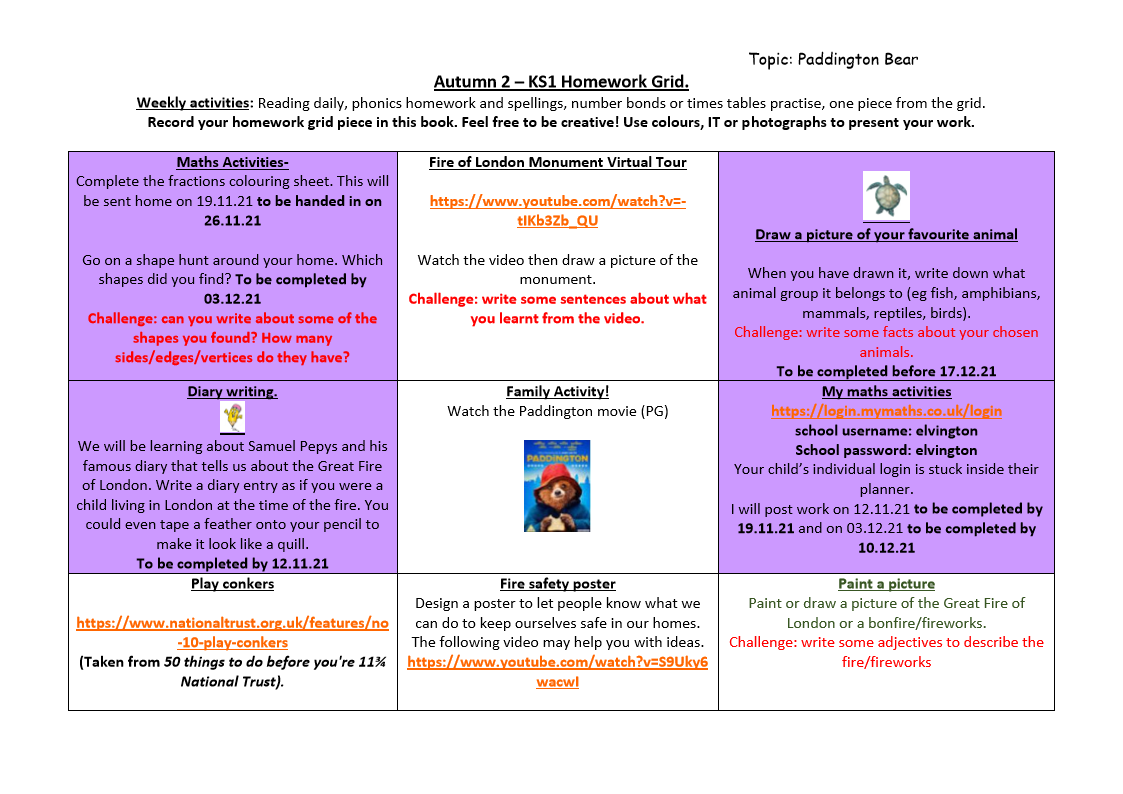 Autumn 2 2021 Homework Grids | Elvington Church of England Primary School