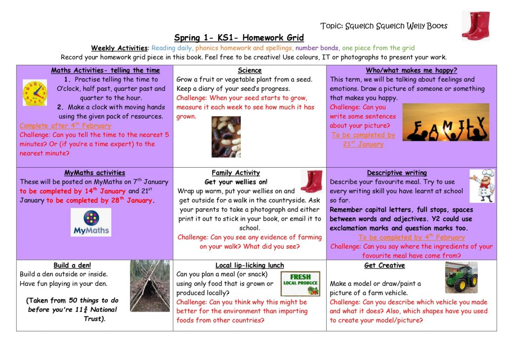 Spring 1 2022 Homework Grids | Elvington Church of England Primary School