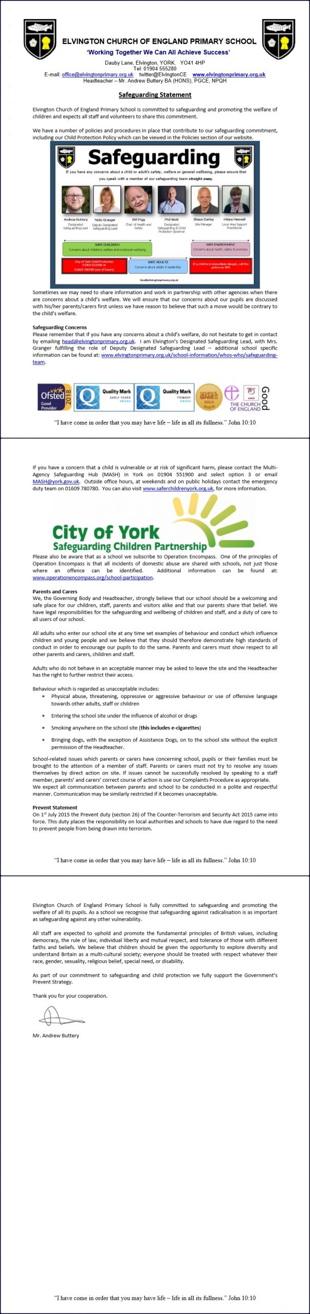 Safeguarding Statement | Elvington Church of England Primary School