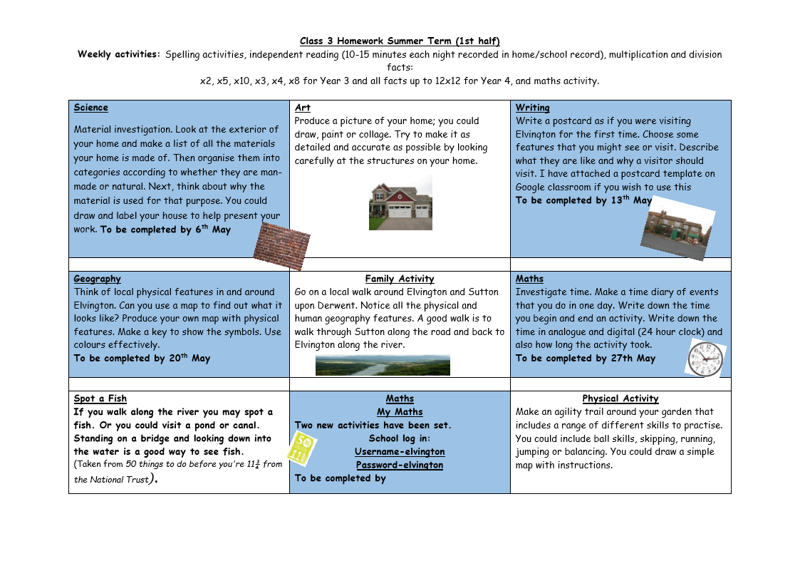 Homework Grids | Elvington Church of England Primary School