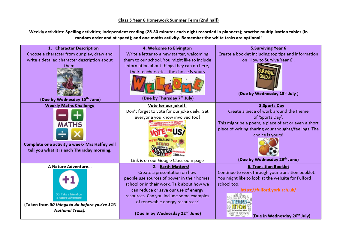 Homework Grids | Elvington Church of England Primary School