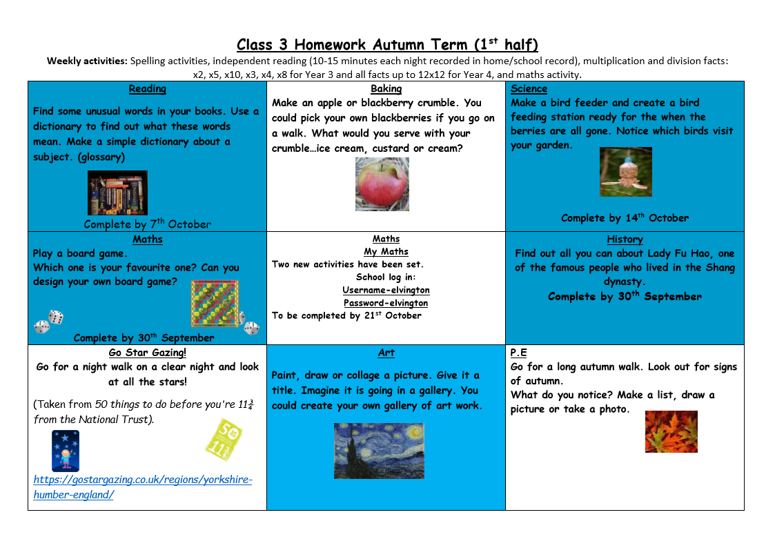 Homework Grids | Elvington Church of England Primary School