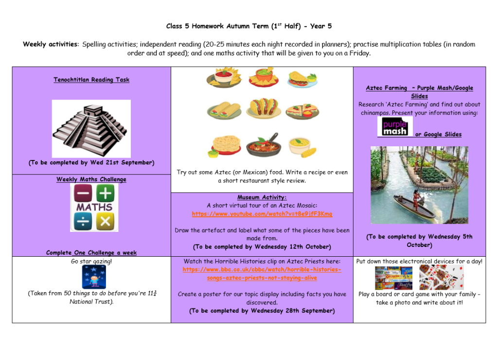 Homework Grids | Elvington Church of England Primary School