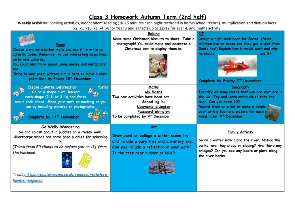 Homework Grids | Elvington Church of England Primary School