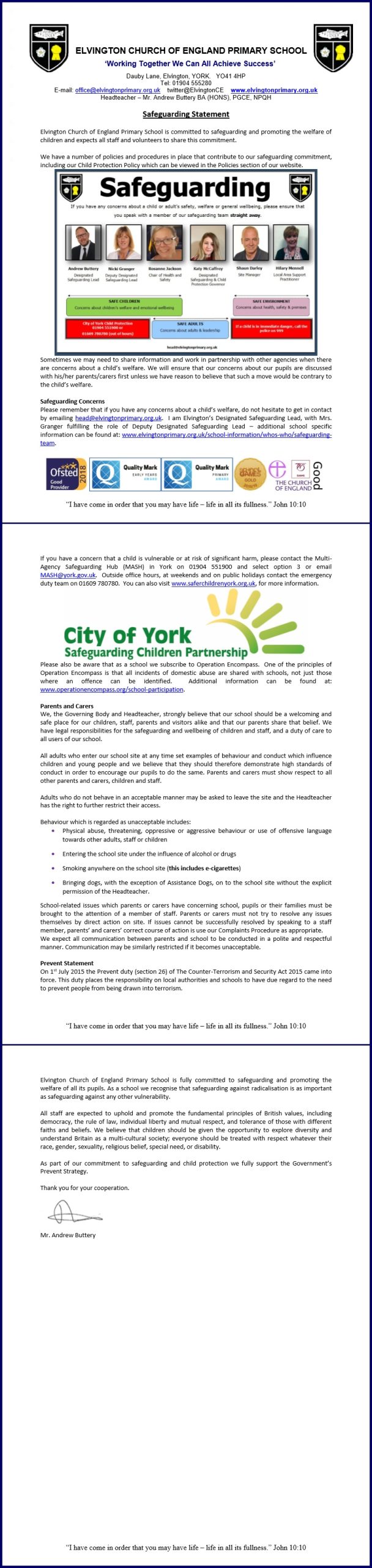 Safeguarding Statement | Elvington Church of England Primary School