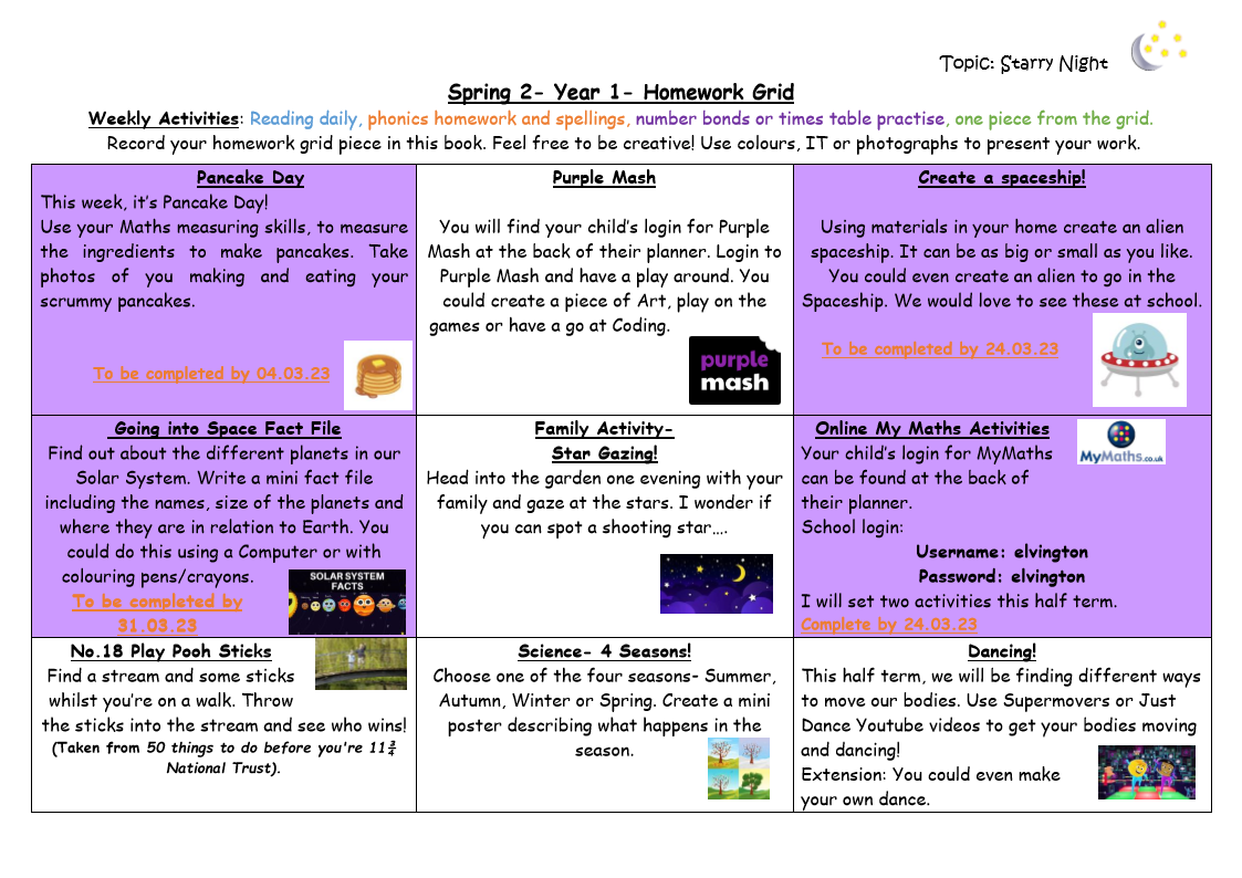 Homework Grids | Elvington Church of England Primary School