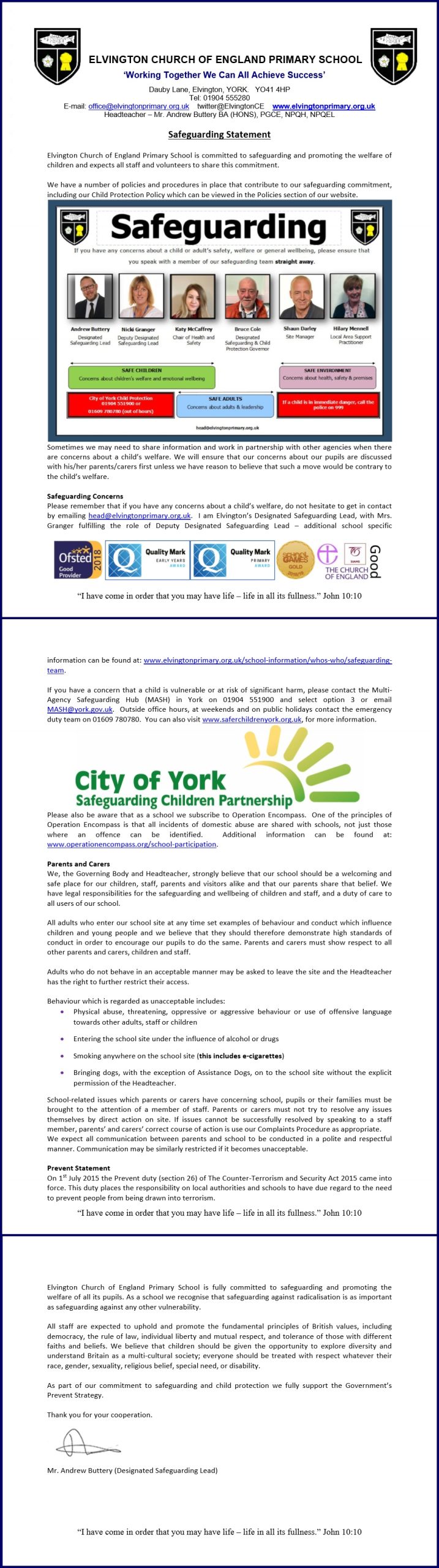 Safeguarding Statement | Elvington Church of England Primary School